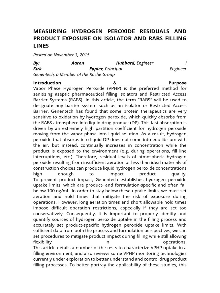 Measuring Hydrogen Peroxide Residuals and Product Exposure On Isolator ...