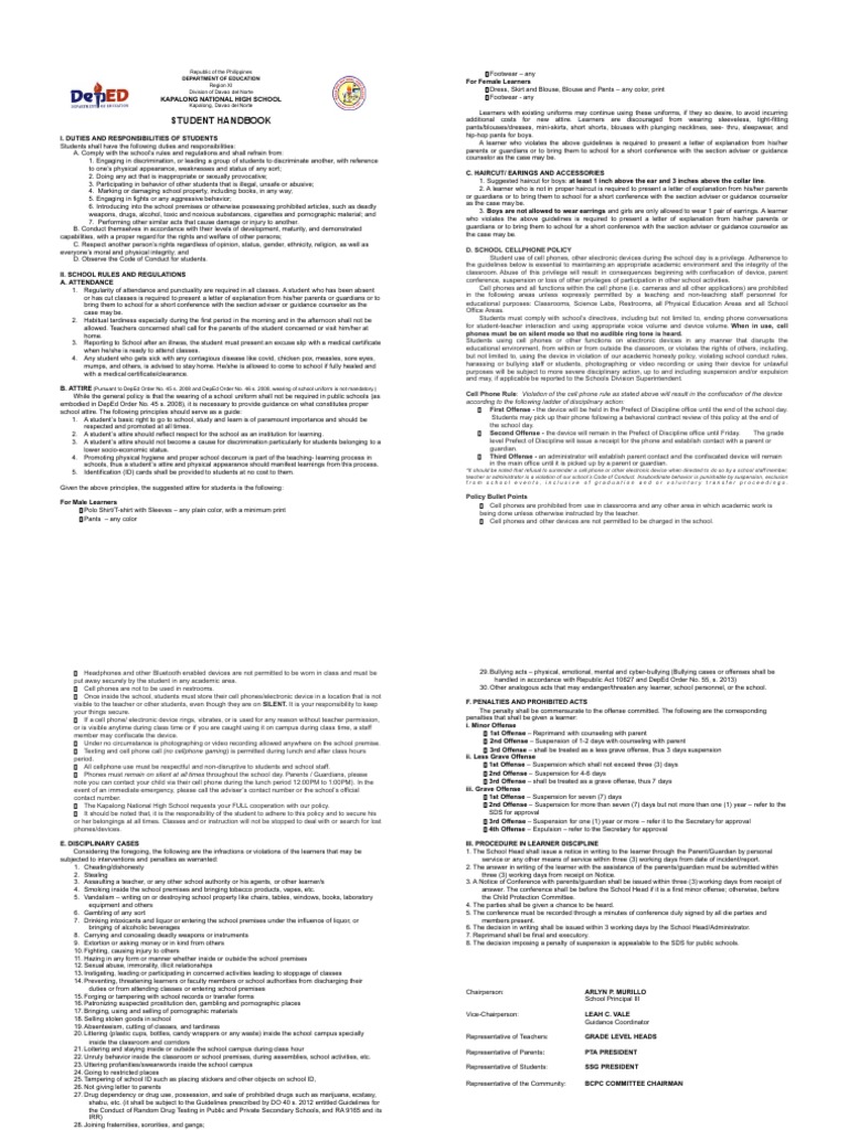 KNHS Student Handbook | PDF | Blouse | Teachers