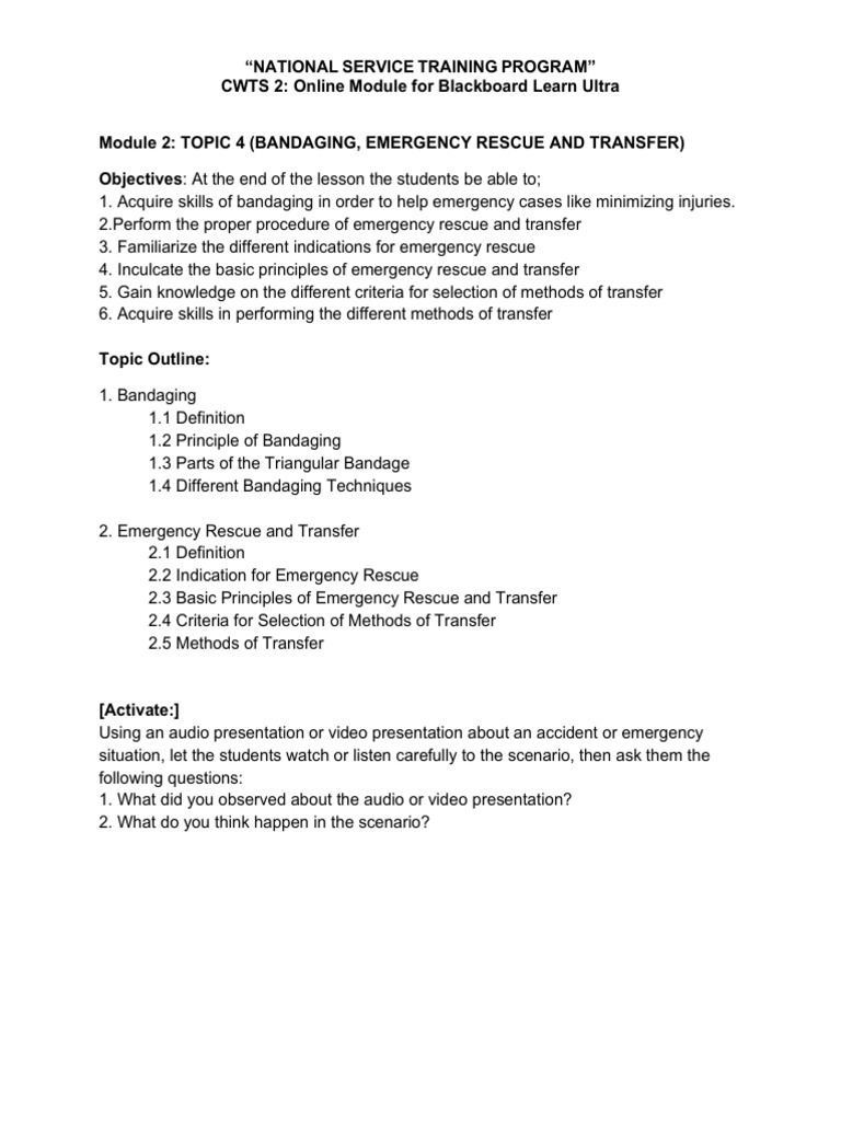 CWTS 2 Module 2 Bandaging Rescue... | PDF | Firefighter | First Aid