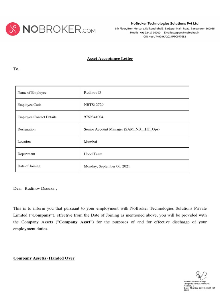 Formal acknowledgement of asset receipt and responsibilities by new ...