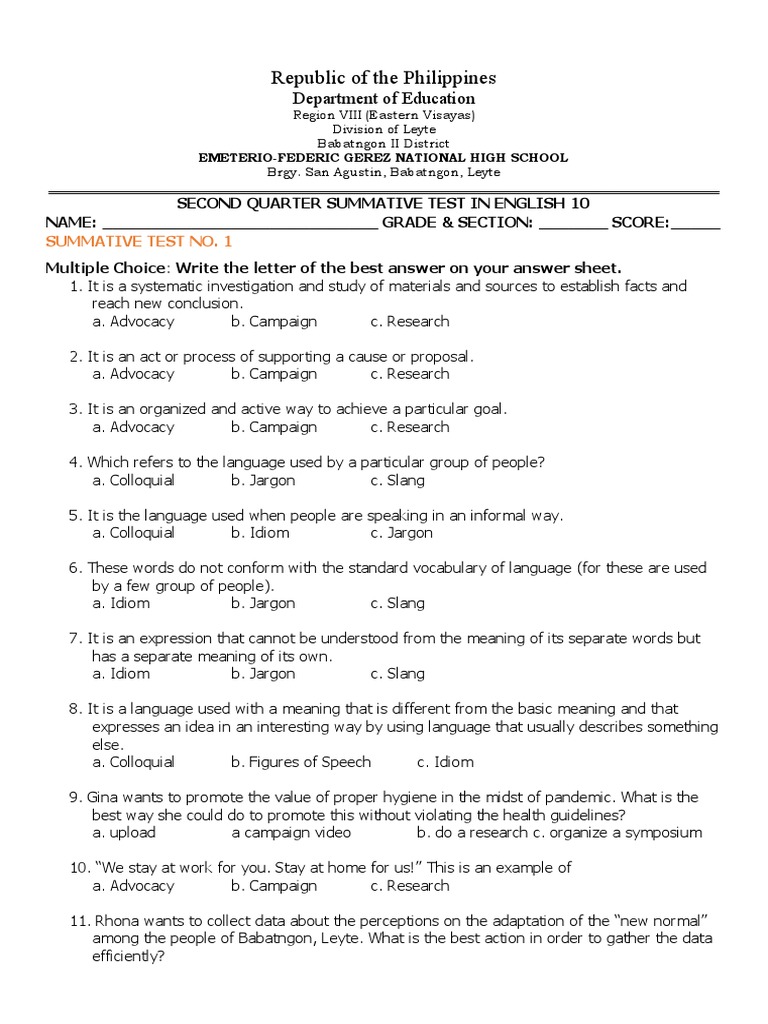 English 10 Summative Test Overview | PDF | Verb | Question