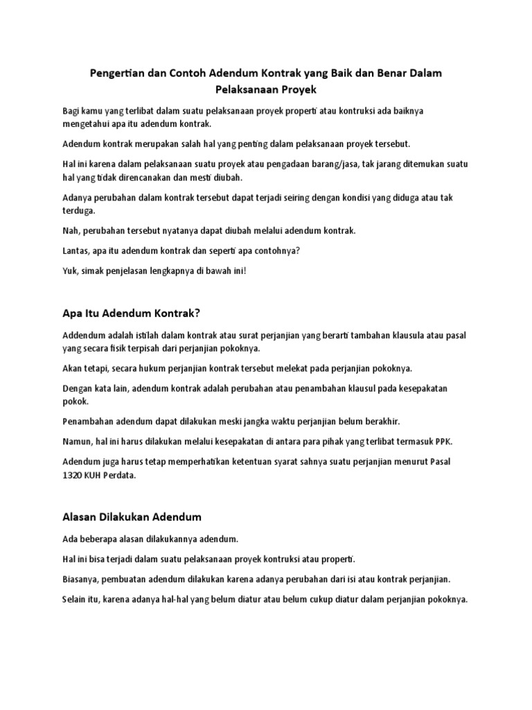 Arti dan Contoh Adendum Kontrak | PDF | Hukum