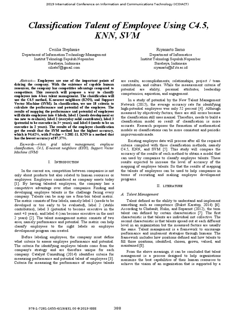 Classification Talent Of Employee Using C4 5 Knn Svm Pdf