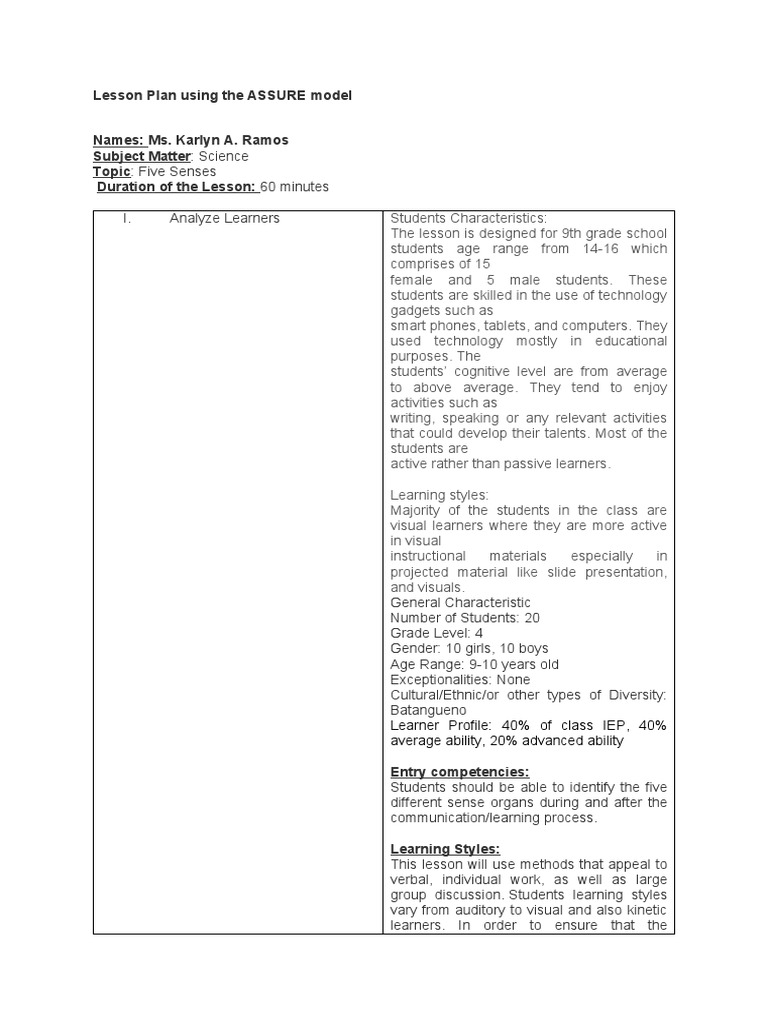 Lesson Plan Using The ASSURE Model | PDF | Learning | Learning Styles