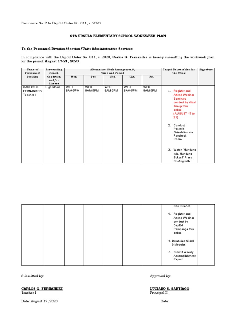CARLOS FERNANDEZ-AUG-17-21-2020-Workweek-Plan | PDF