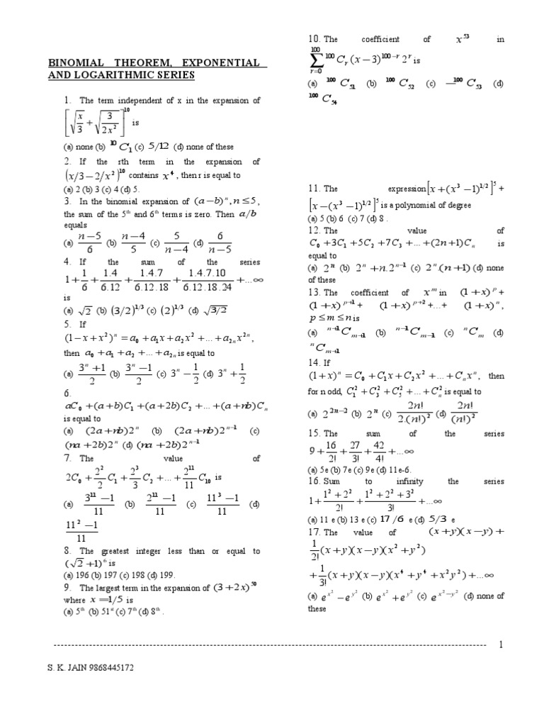Binomial Theorem, Exponential and Logarithmic Series: TH TH | PDF | Exponential Function | Numbers