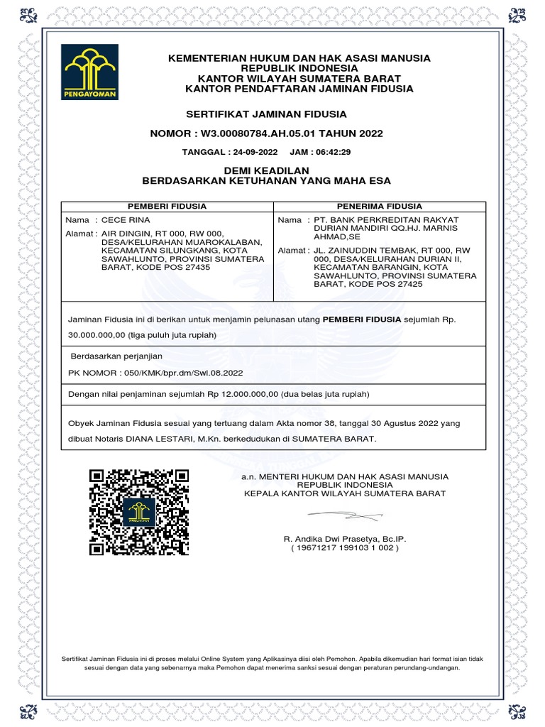 Sertifikat Pendaftaran Fidusia | PDF