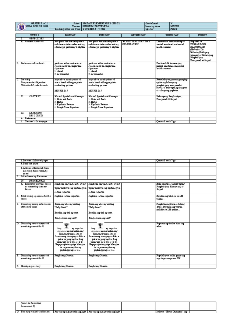 MAPEH 5 Q1 Week 7 DLL | PDF | Conducting | Teachers