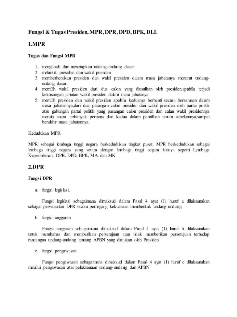 Fungsi Dan Tugas Presiden MPR DPR BPK Ma MK DKK PDF | PDF