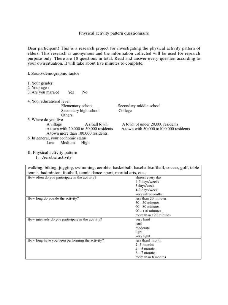 Physical Activity Pattern Questionnaire | PDF | Physical Fitness ...