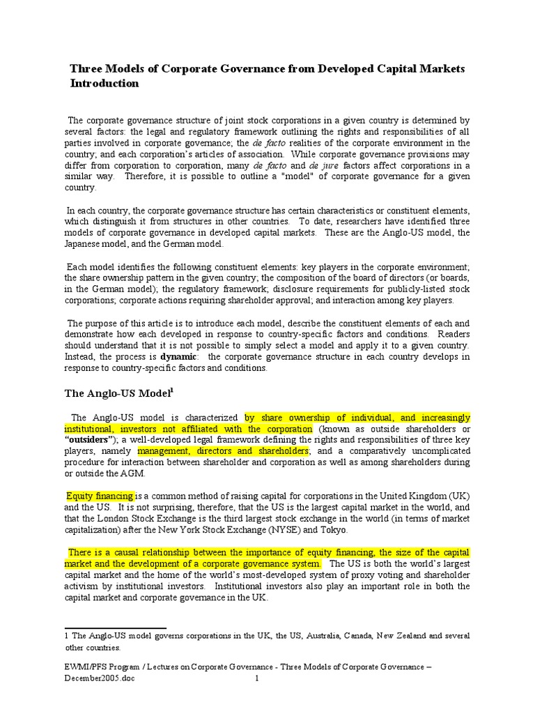 Three Corporate Governance Models Explained | PDF | Corporate ...