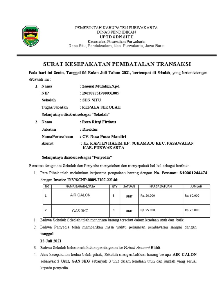 Surat Pembatalan SDN Situ 2021 | PDF