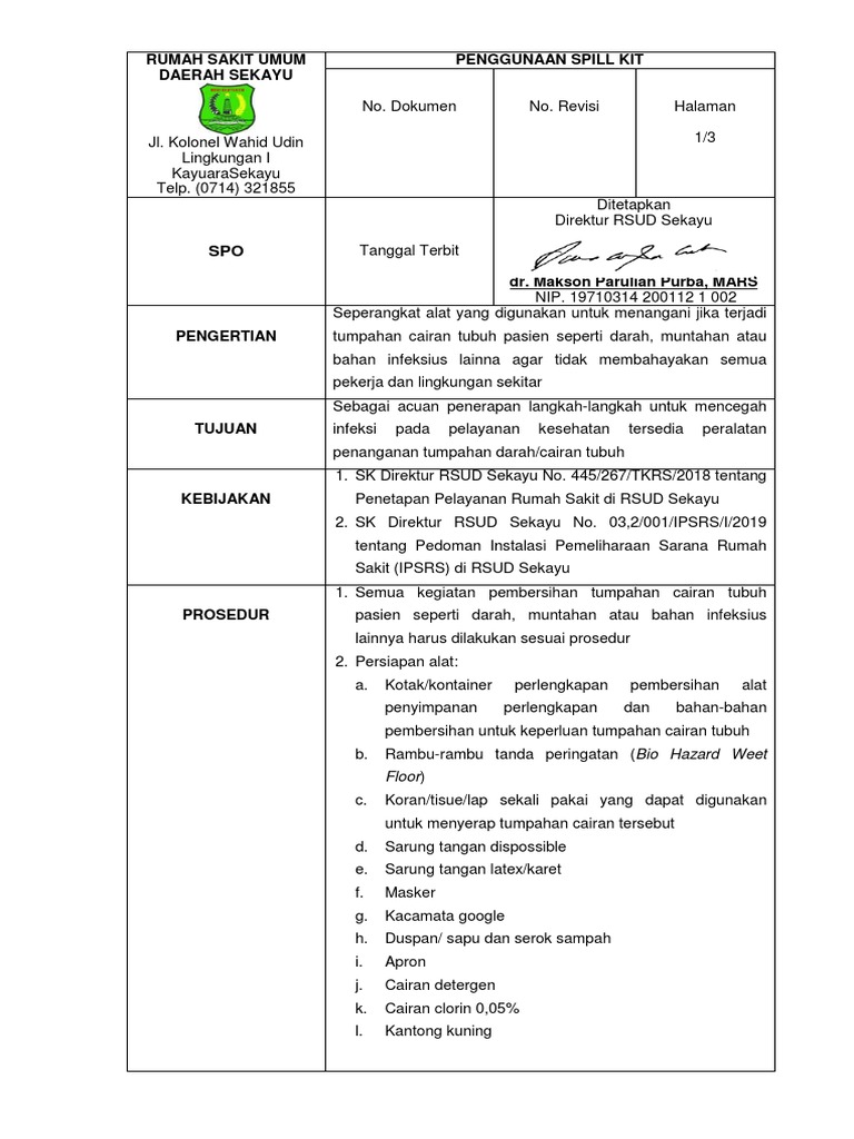 Prosedur Penggunaan Spill Kit RSUD Sekayu | PDF