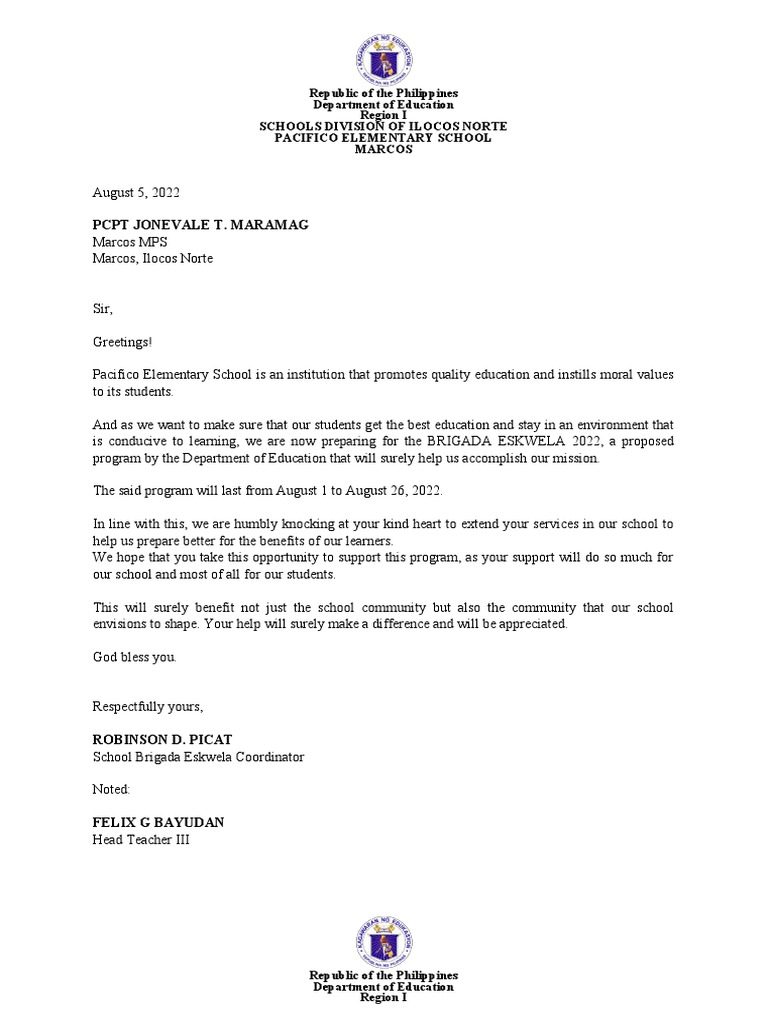 Brigada Eskwela Communication Letter | PDF