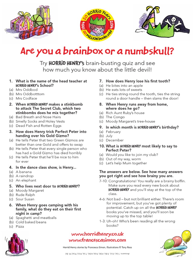 Primary Make and Do Horrid Henry Birthday Quiz | PDF