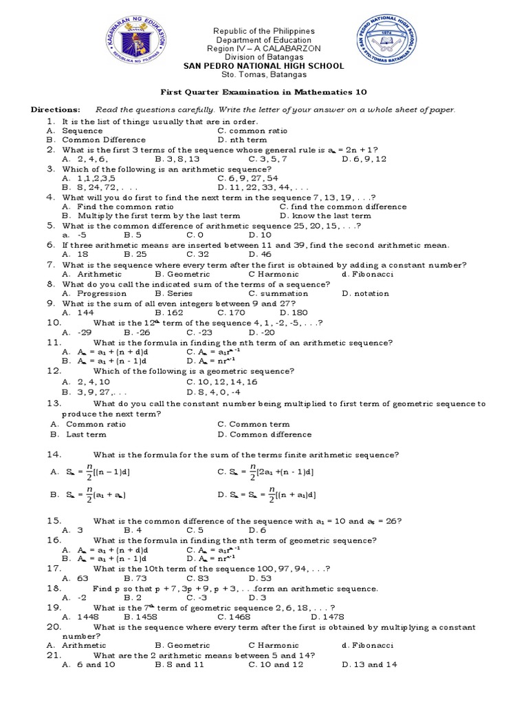 FIRST PERIODICAL TEST IN MATH G10 2022 New | PDF | Summation | Mathematics