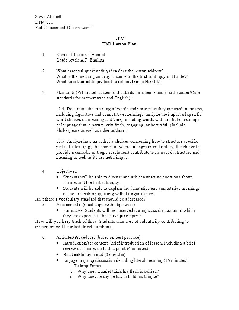 Hamlet Soliloquy Lesson Plan | PDF | Hamlet | Lesson Plan
