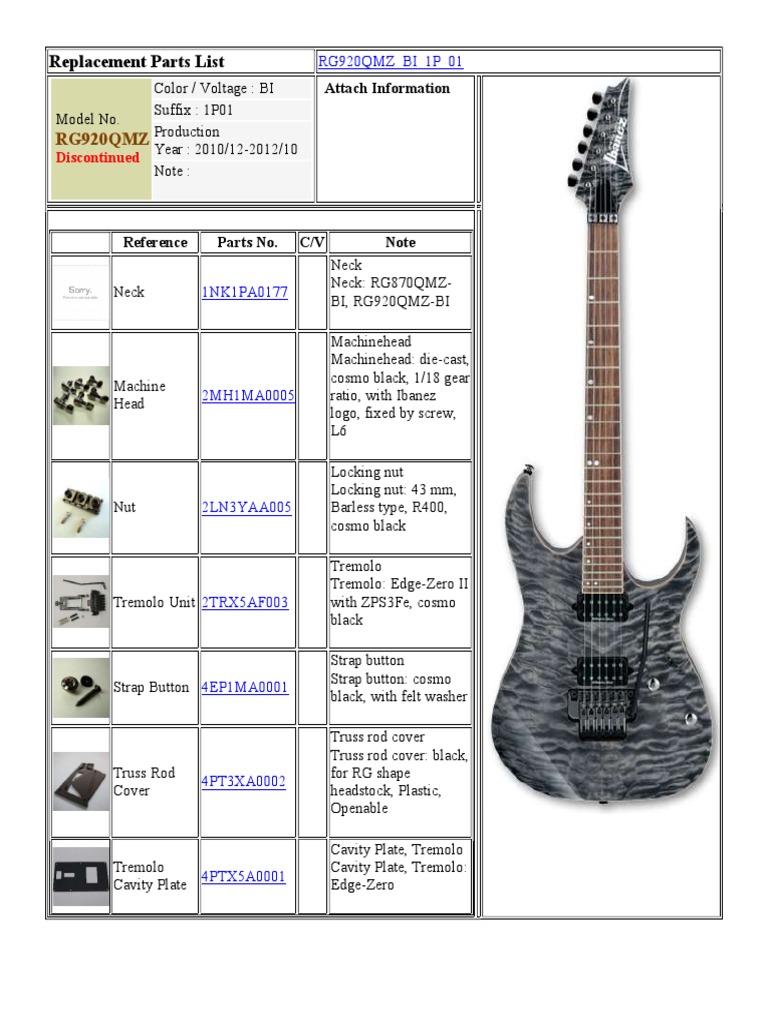 Replacement Parts List for Ibanez RG920QMZ Electric Guitar Model ...