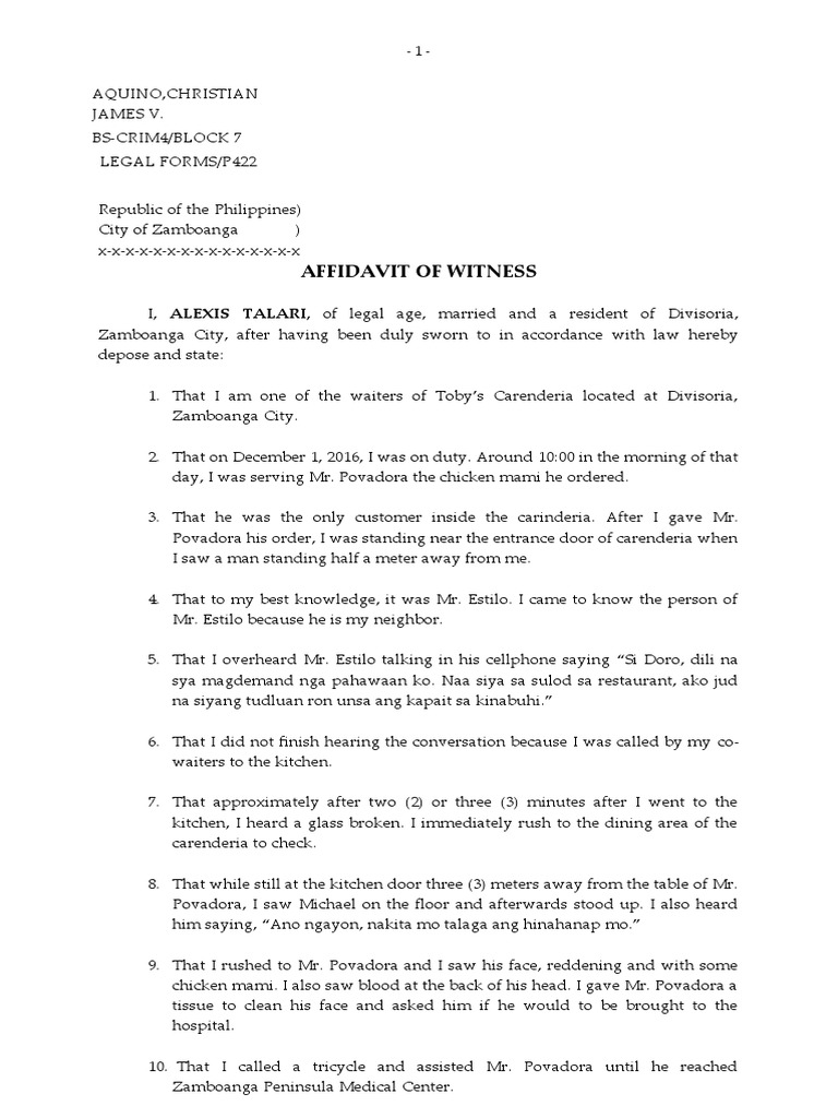 Affidavit of Witness Homicide 2 | PDF | Affidavit | Evidence