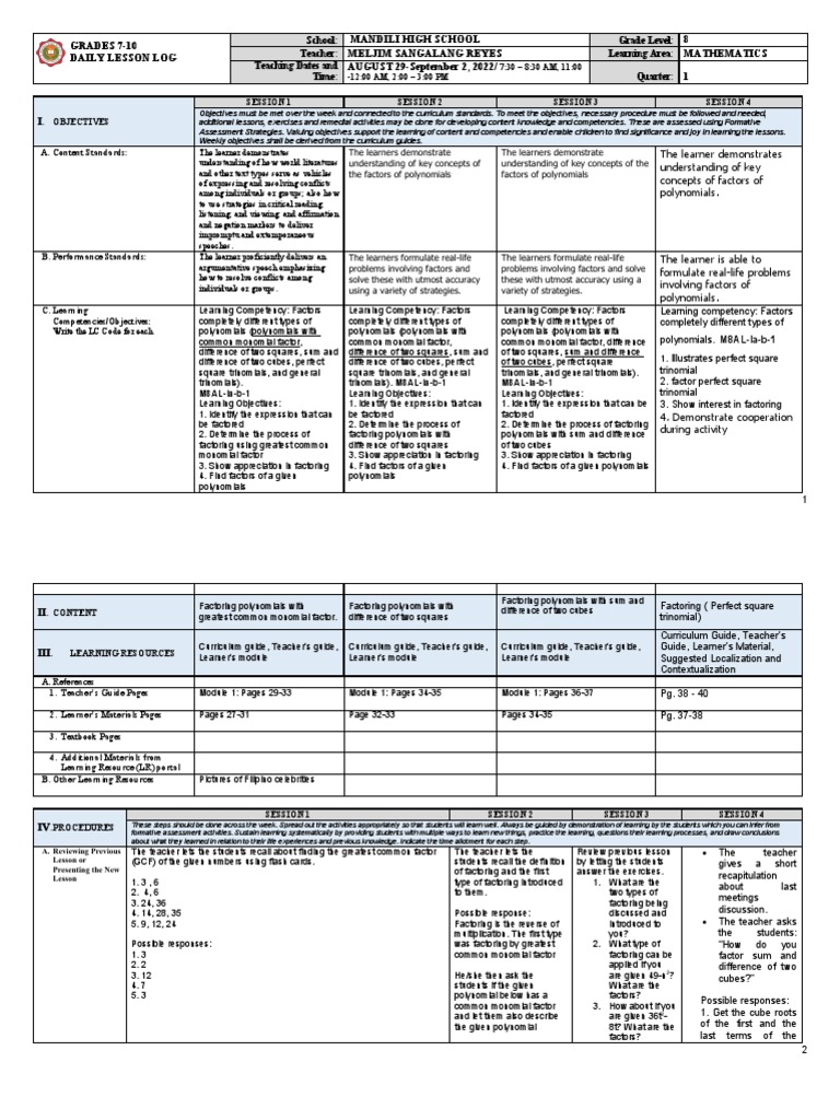 DLL-MATH 8 Week 1 | PDF | Factorization | Learning