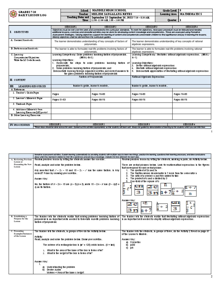 DLL-MATH 8 Week 4 | PDF | Learning | Polynomial