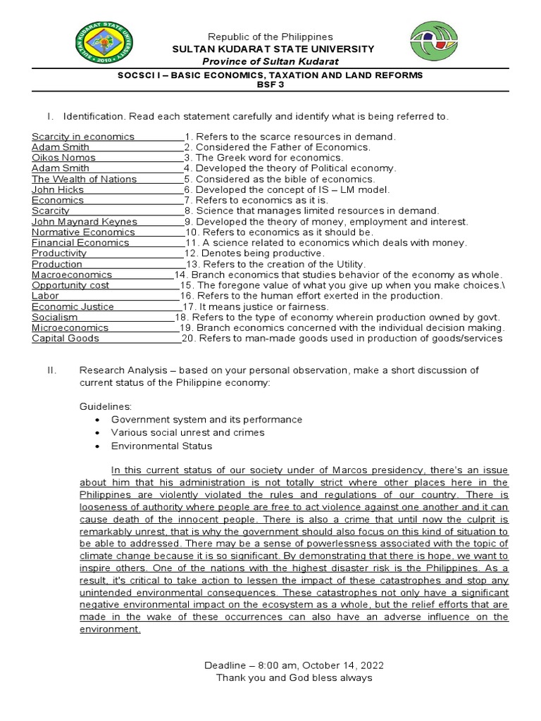 Trinidad, Bryan R. SOCSCI 1 Worksheet | PDF | Economics | Economies
