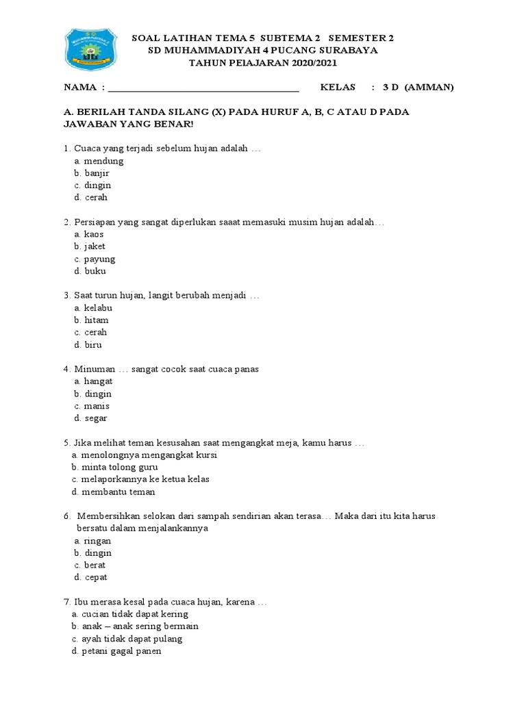 Soal Latihan Tema 5 Sub 2 2021 Pdf