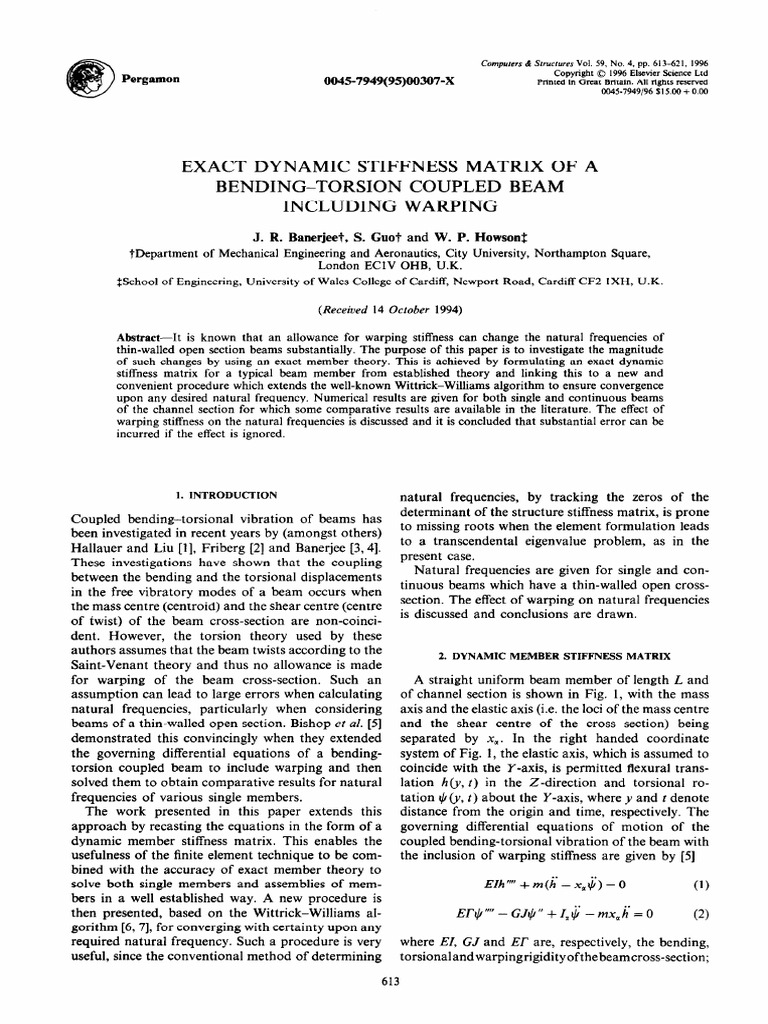 EXACT DYNAMIC STIFFNESS MATRIX OF A Bending Torsional Coupled Beam ...