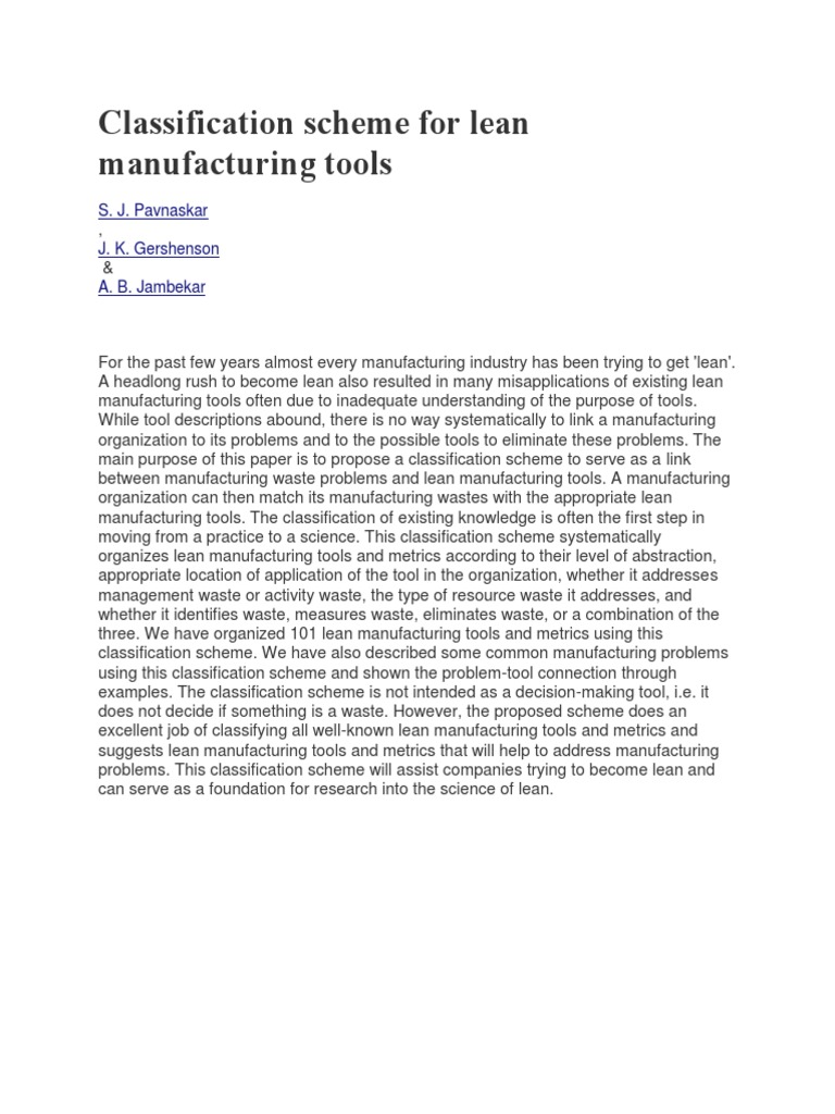 Classification Scheme For Lean Manufacturing Tools | PDF