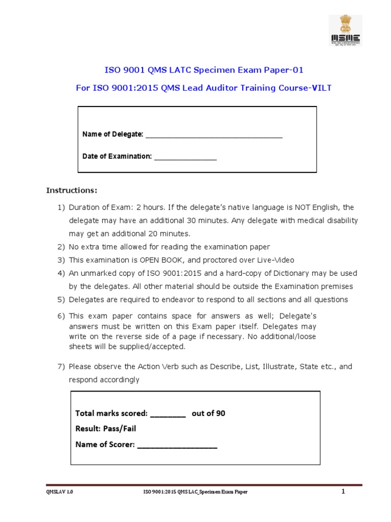 07 Specimen Exam Paper - ISO 9001-QMS LATC V 1 | Download Free PDF ...