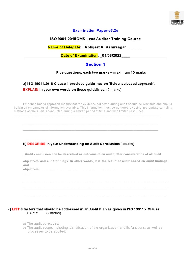 10 Examination Paper - ISO 9001 2015 QMS LATC - v3.2c | PDF