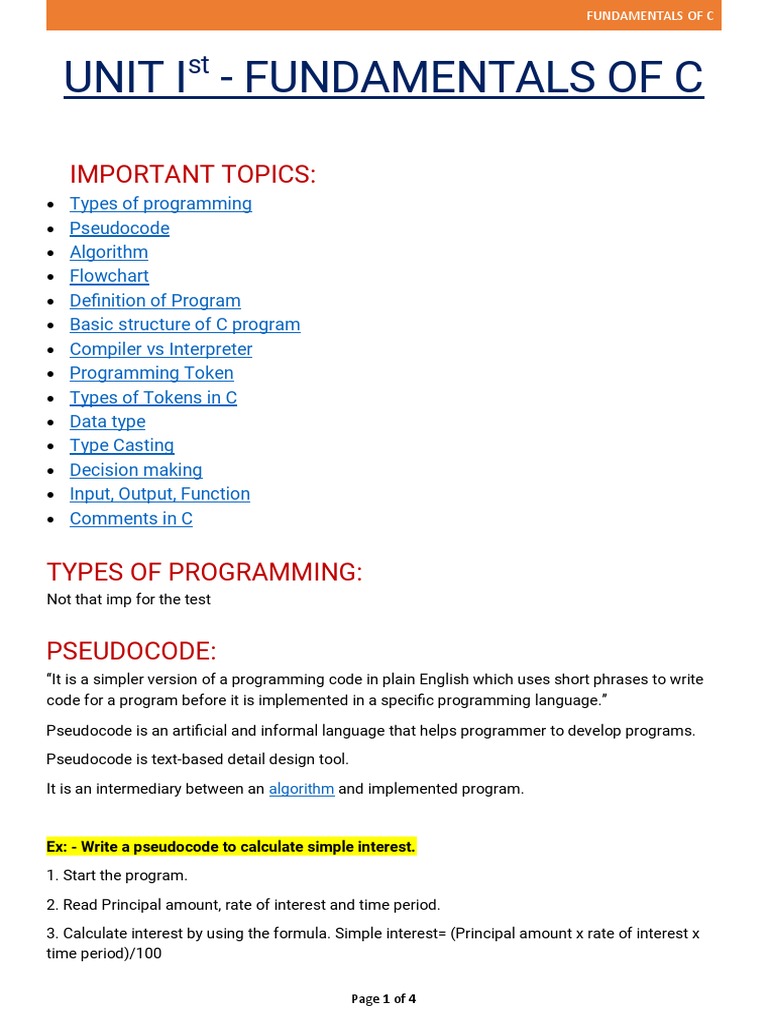 Unit 1 Fundamentals of C | PDF | Algorithms | Programming Unit 1 Fundamentals of C | PDF | Algorithms | Programming