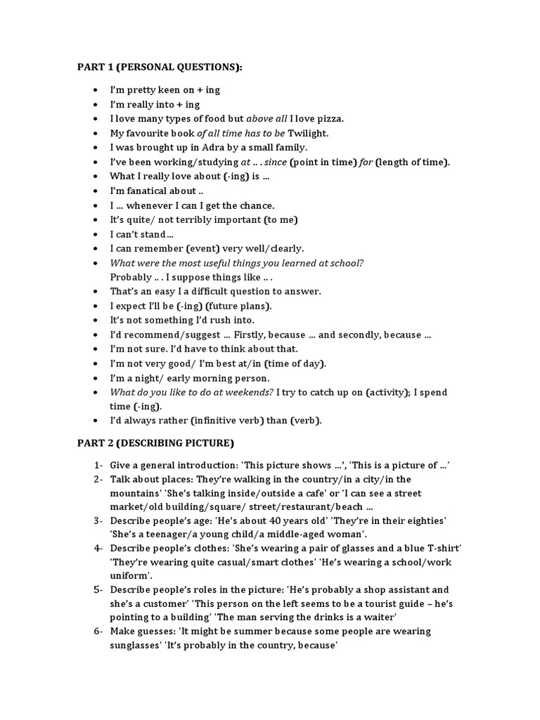 Personal Questions and Picture Descriptions | PDF
