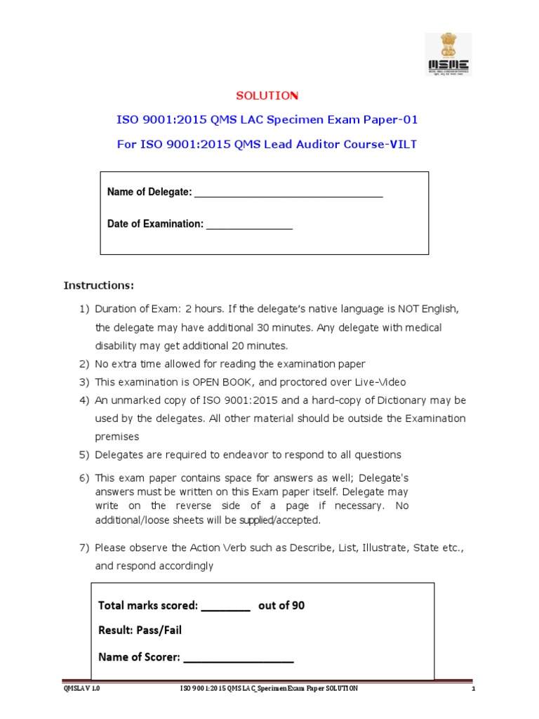 09 SOLUTION - Specimen Exam Paper - ISO 9001-QMS LATC V 1.0 | Download ...