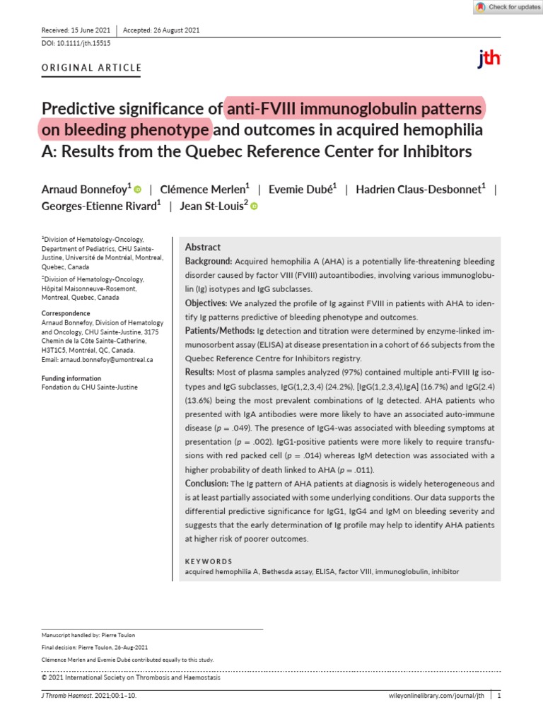 Bonnefoy Et Al, 2021. Predictive Significance of anti-FVIII Ig Patterns ...