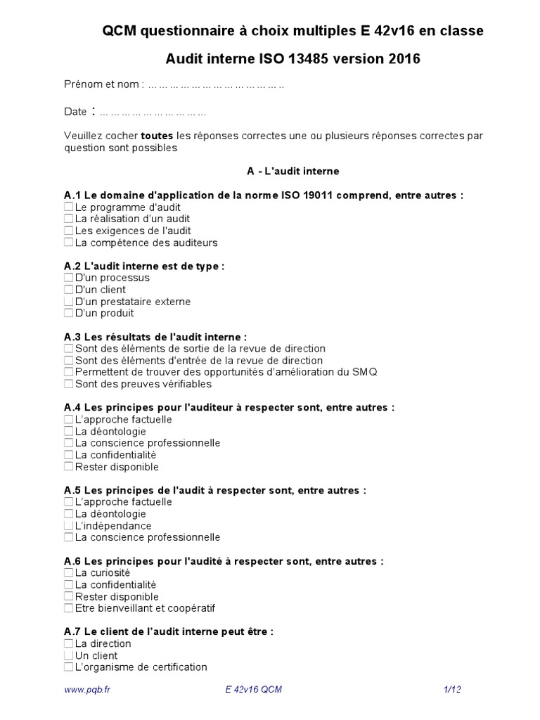 QCM Questionnaire À Choix Multiples - Audit Interne ISO 13485 | PDF ...