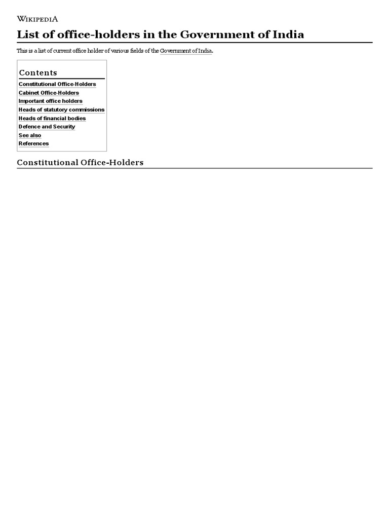 List of Office-Holders in The Government of India - Wikipedia | PDF ...