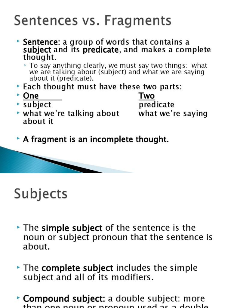 Parts of The Sentence Slide Show | PDF | Subject (Grammar) | Verb