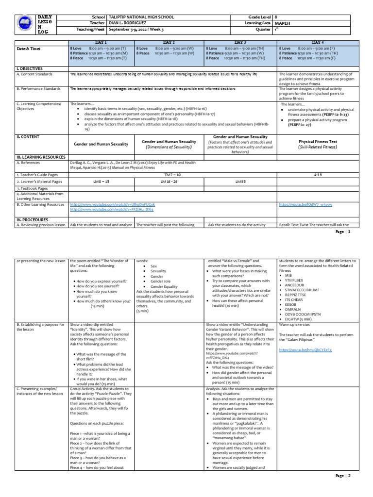 Analyzing a Comprehensive Weekly Lesson Plan for Grade 8 Physical ...