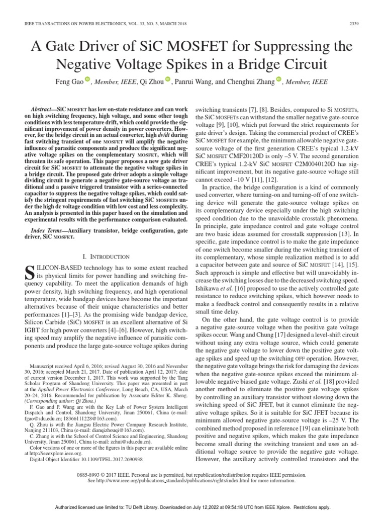 A Gate Driver of SiC MOSFET For Suppressing The Negative Voltage Spikes ...