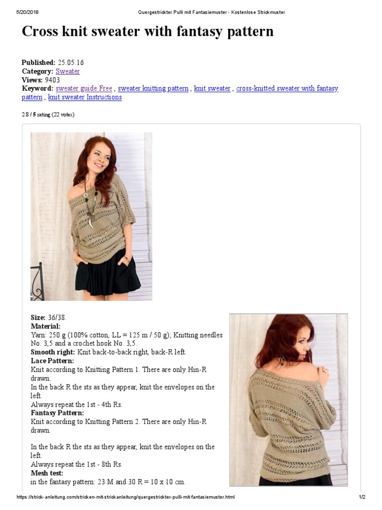 Cross knit sweater with fantasy pattern - Free Knitting Patterns | PDF ...