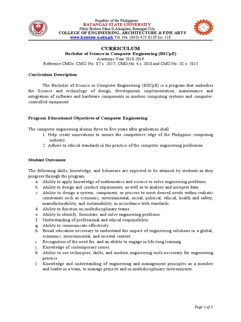 BSCpE Curriculum Overview 2018-2019 | PDF | Engineering | Computer Engineering