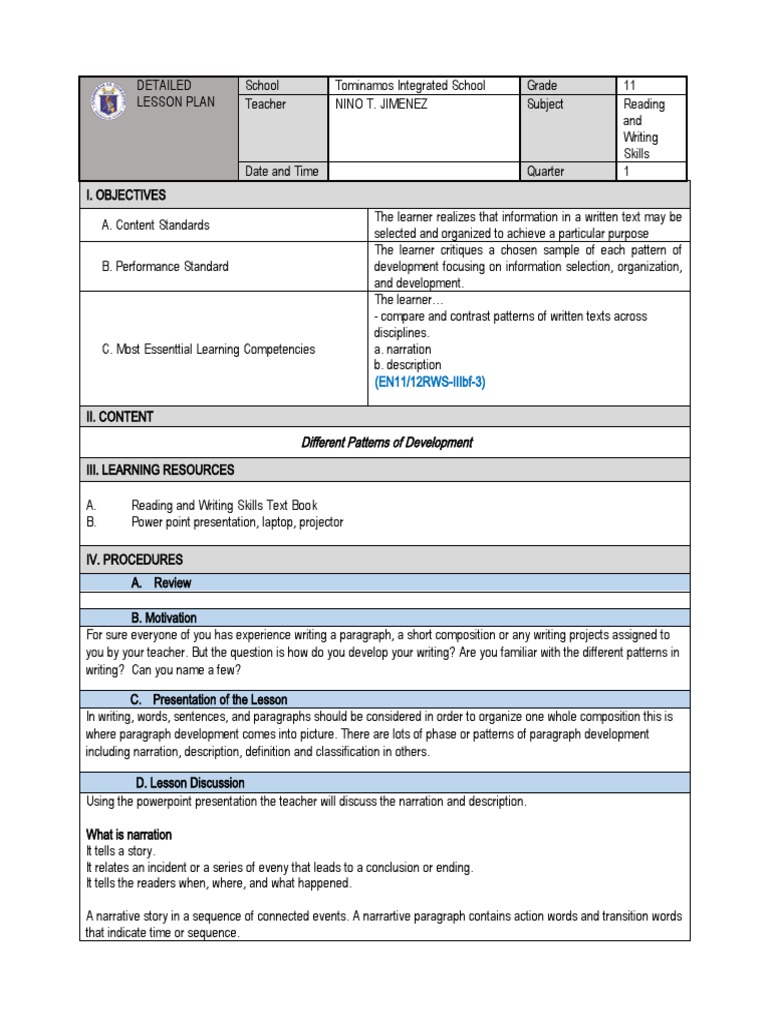 DLL 4th 1st Week | PDF | Narrative | Senses