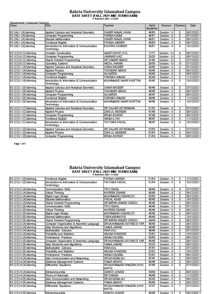Bahria University Islamabad Campus Computer Science Department Mid-Term Exam Date Sheet | PDF ...