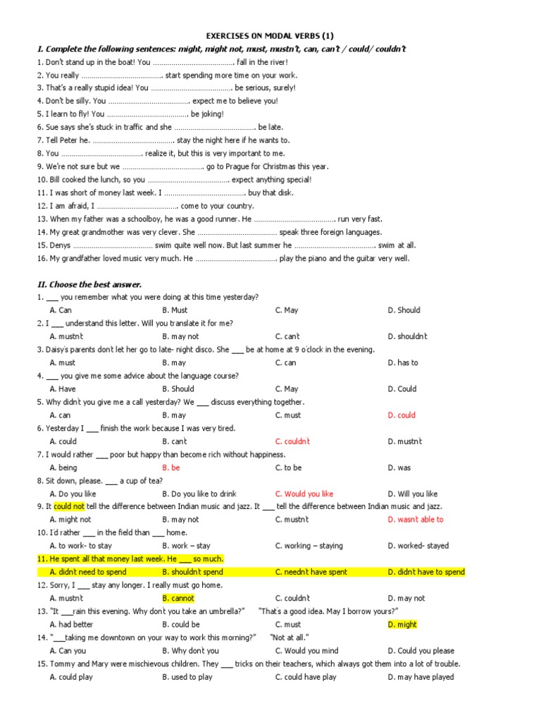 Modal Verbs Exercises with Answers | PDF