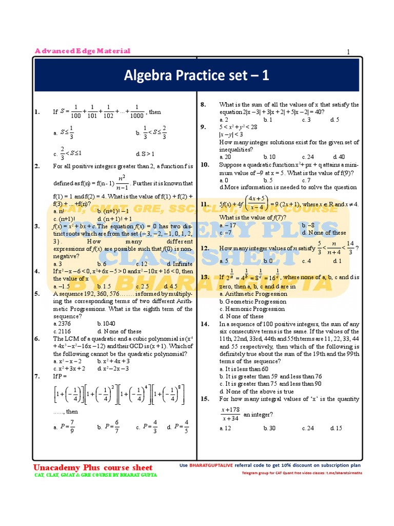 Algebra Set - 1 | PDF | Algebra | Logarithm