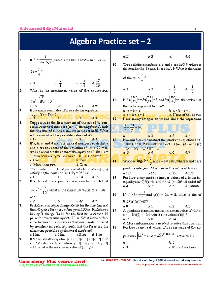 Algebra Set - 2 | Download Free PDF | Algebra | Numbers