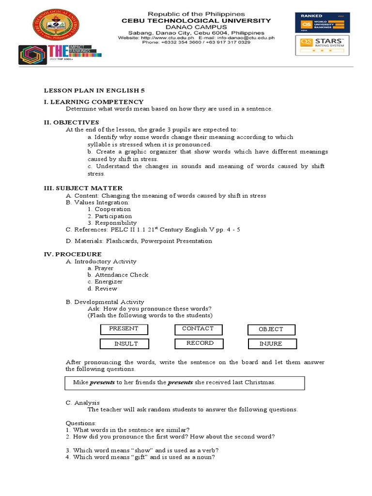 Lesson Plan in English 3 | PDF | Stress (Linguistics) | Word