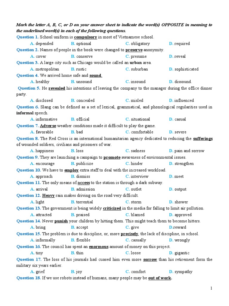 OPPOSITES IN MEANING: A DOCUMENT PROVIDING 50 QUESTIONS TO IDENTIFY ...