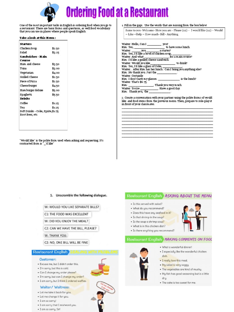 Restaurant Ordering Practice Worksheet | PDF | Lunch | Waiting Staff